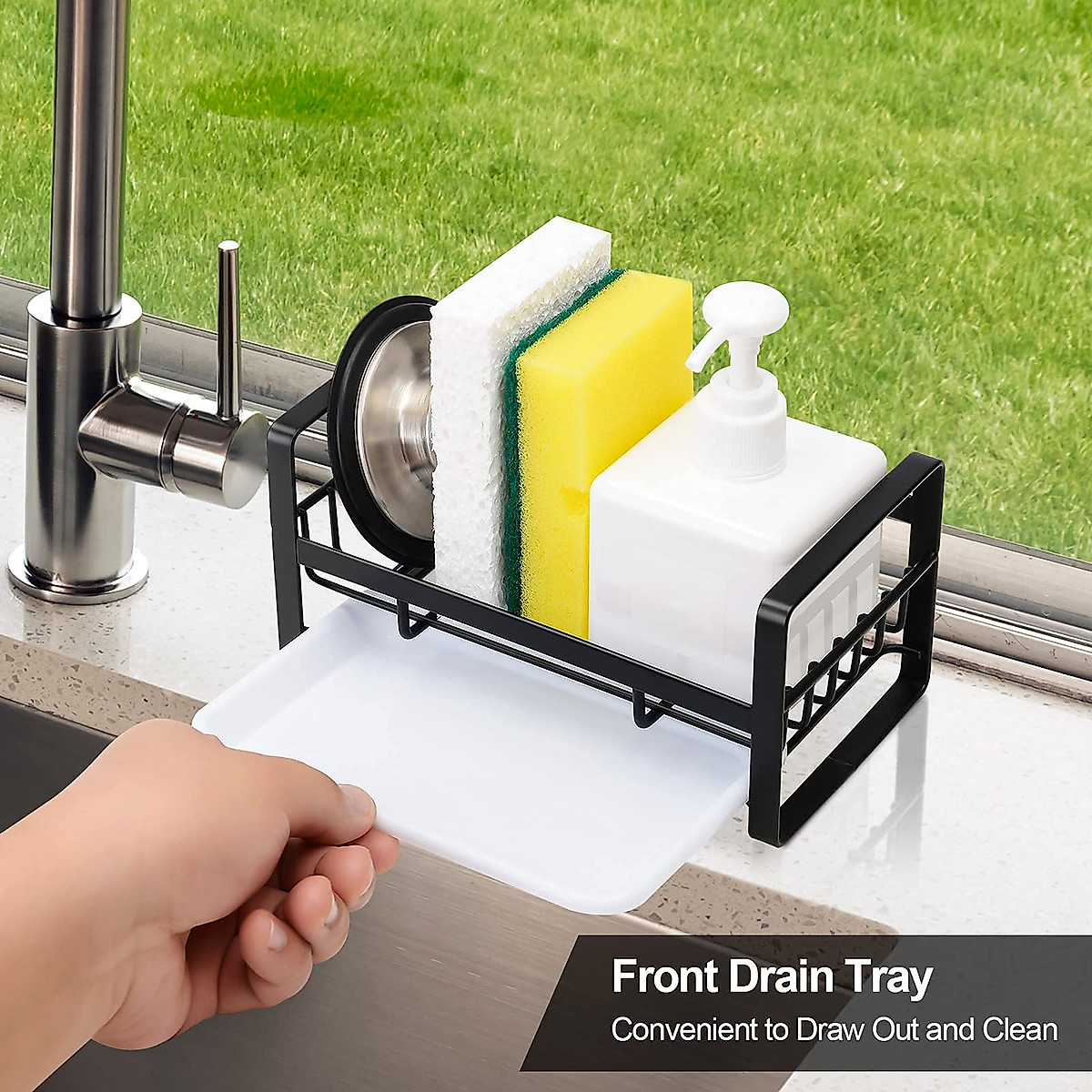 ARTLEO Dish Sponge Holder | Kitchen Sponge Caddy and Soap Dispenser Holder | Sink Tray Drainer Rack | Come with Front Drip Tray, for countertop, Black Stainless Steel.