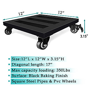 JzNova 12" Heavy Duty Metal Plant Stand with Wheels, Square Iron Plant Caddy on Wheels - Outdoor Flower Pot Rack on Rollers - Indoor Dolly Holder Rolling Tray Coaster, Fully Assembled, Black