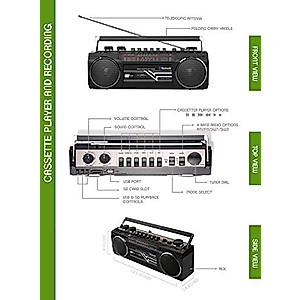Riptunes Cassette Boombox, Retro Blueooth Boombox, Cassette Player and Recorder, AM/FM/SW-1-SW2 Radio-4-Band Radio, USB, SD, and Aux in, Black
