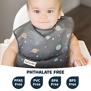 Tiny Twinkle Mess-Proof Baby Bib - Waterproof Bib for Baby Boy or Girl - Machine Washable - Adjustable Closure - PVC, BPA, & Phthalate Free - Great for Travel - Baby Food Bibs (3 Pack, Space)
