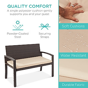 Best Choice Products Outdoor Bench 2-Person Wicker Garden Patio Benches Seating Furniture for Backyard, Porch w/Seat Cushion, 700lb Capacity - Brown/Tan