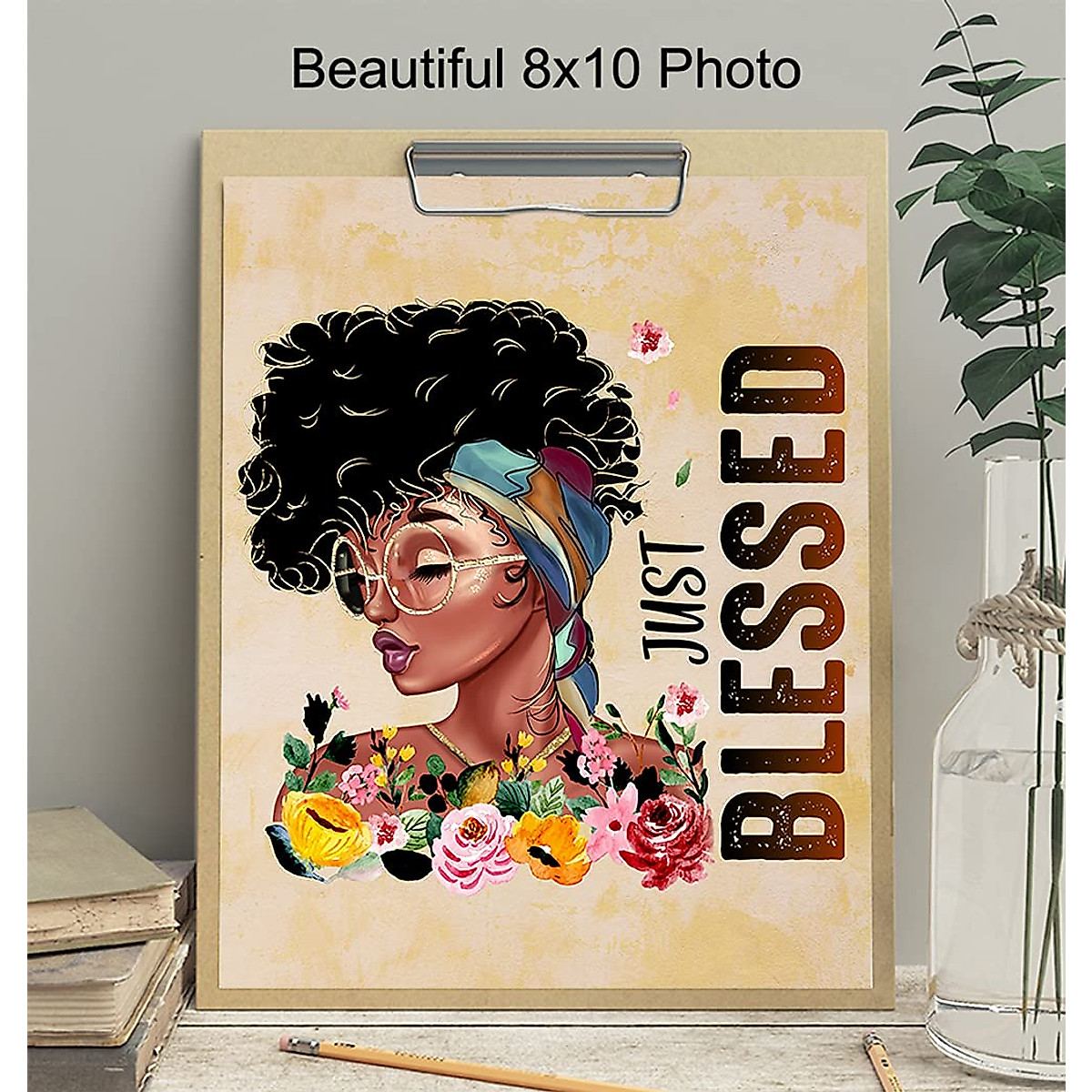 Black Women Woman Wall Art - Blessed Wall Decor - African American Girl Poster Picture Print - Bedroom, Living Room, Home Office, Bathroom - Cute Boho Inspirational Positive Motivational Friend Gifts