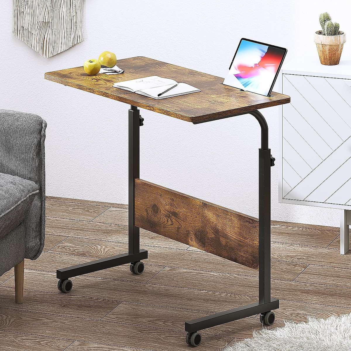 DlandHome Rolling Desk Adjustable Standing Desk, Mobile Side Table 31.4 Inches w/Wheels Adjustable C Table Movable Portable Laptop Computer Stand for Bed Sofa,Retro