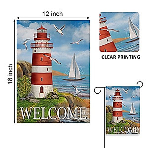 Covido Home Decorative Welcome Spring Summer Lighthouse Garden Flag, Coastal Seagull Birds Yard Beach Nautical Sailboat Outside Decoration, Ocean Outdoor Small Burlap Decor Double Sided 12 x 18