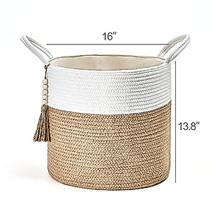 Mkono Woven Storage Basket Decorative Natural Rope Basket Wooden Bead Decoration for Blankets,Toys,Clothes,Shoes,Plant Organizer Bin with Handles Living Room Home Decor, 16"x13",White and Yellow