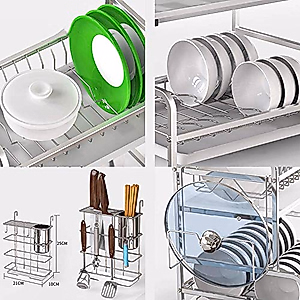 ZJYWMM 304 Stainless Steel Kitchen Dish Drain Rack, Dry Tableware Cupboard Double-Layer Storage Box, with Draining Tray, Storage Knife Cutting Board Holder