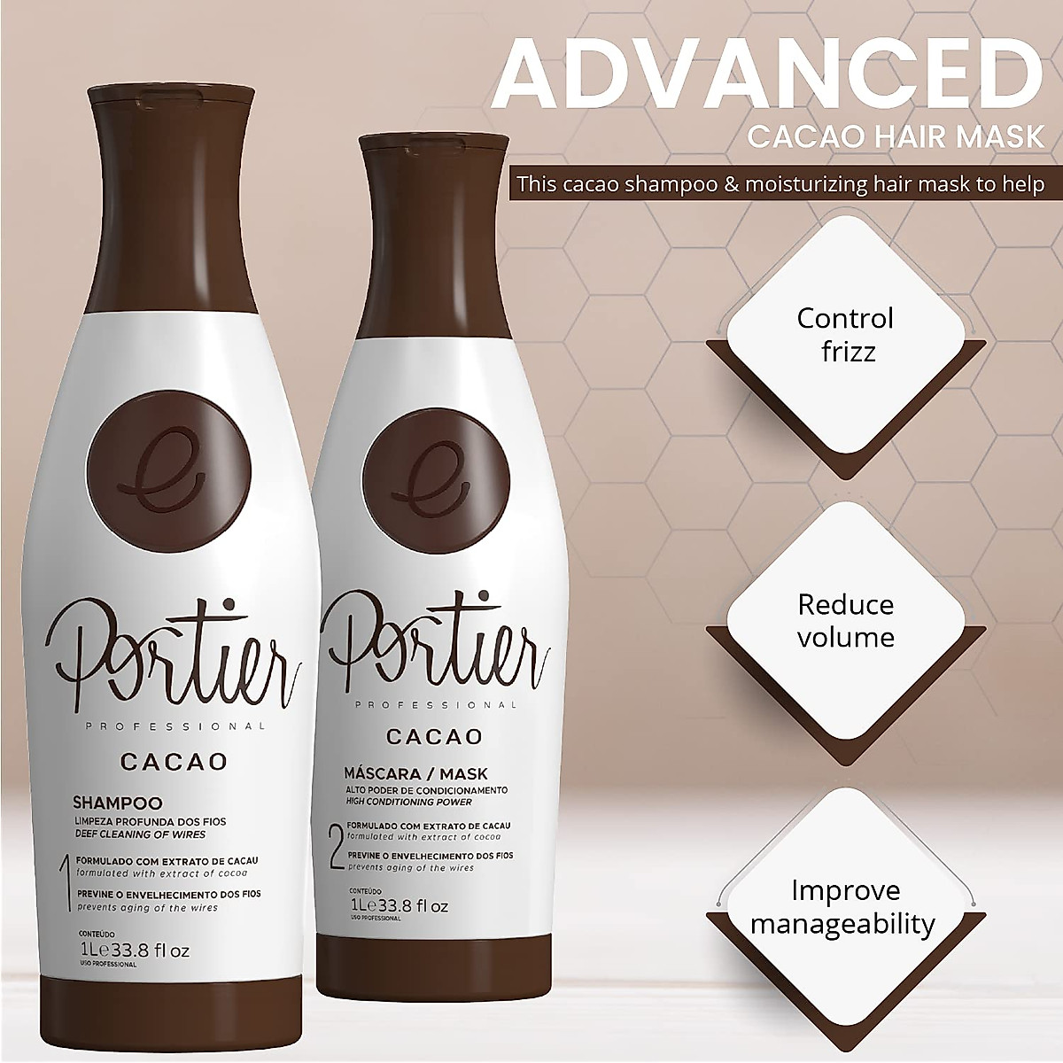 Portier Cacao Shampoo and Brazilian Hair Mask for Dry, Damaged Hair, Advanced 2-Step Treatment, Smoothing and Moisturizing Haircare for Curly, Color Treated, or Frizzy Hair. Each Bottle is 34fl.oz/1L