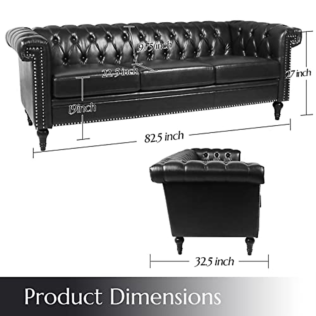 Vaztrlus Chesterfield Sofas Couches for Living Room, Square Arm 3-Seater Faux Leather Large Couch Deep Button Nailhead Tufted Black Upholstered Couches for Bedroom, Office Easy to Assemble