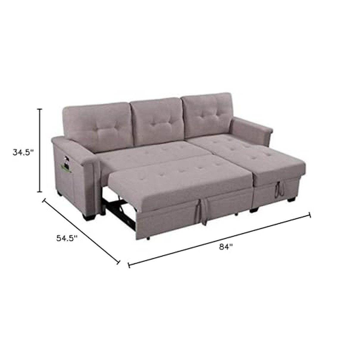 BOWERY HILL Light Gray Reversible Sleeper Sofa Storage Chaise USB Charging Port