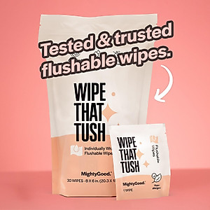 MightyGood. Wipe That Tush On-The-Go Flushable Wet Wipes - 4 Pack, 120 Wipes - Individually Wrapped Extra-Large Wipes with Aloe - Hypoallergenic & Unscented - Septic and Sewer Safe