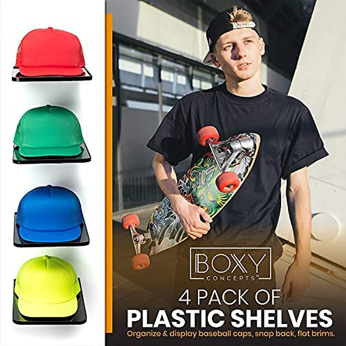 Boxy Concepts Hat Rack for Wall - Pack of 4 Premium Hat Organizer for Baseball Caps - Hat Storage, Hat Holder, & Hanger Your Ball Caps - Plastic Wall Mountable Display Shelf with 3M Foam Adhesive Tape
