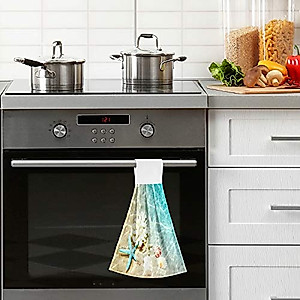 KOCOART Summer Starfish Seashell Hand Towels Beach Hanging Tie Towel with Loop 2PCS, Fingertip Dish Towel for Kitchen Bathroom Soft Super Absorbent Washcloth 12x17 in