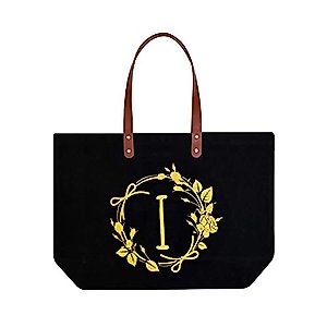 ELEGANTPARK Personalized Birthday Gifts for Women Mom Friend Sister Teacher Appreciation Gifts Monogrammed Gifts Initial Tote Bag Present Bag Black Canvas Tote Bag with Pocket Gold Letter I
