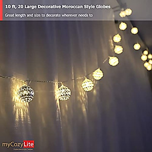 Moroccan String Lights Plug in 20 LED Globe Lights Silver Metal Balls for Wedding Party, Birthday, Christmas, Home Decor, Indoor Outdoor, 8 Functions, Timer, Unique Pattern, Connectable, 10 ft