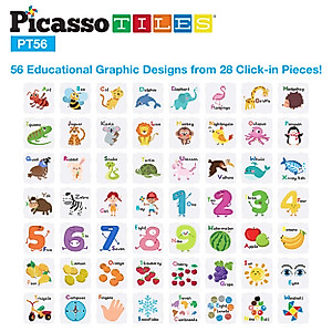 PicassoTiles Magnetic Building Blocks with Tiles and Educational Artwork Graphic Click-in Inserts Magnet Construction Toy Set STEM Learning Kit Playset Child Brain Development PT56