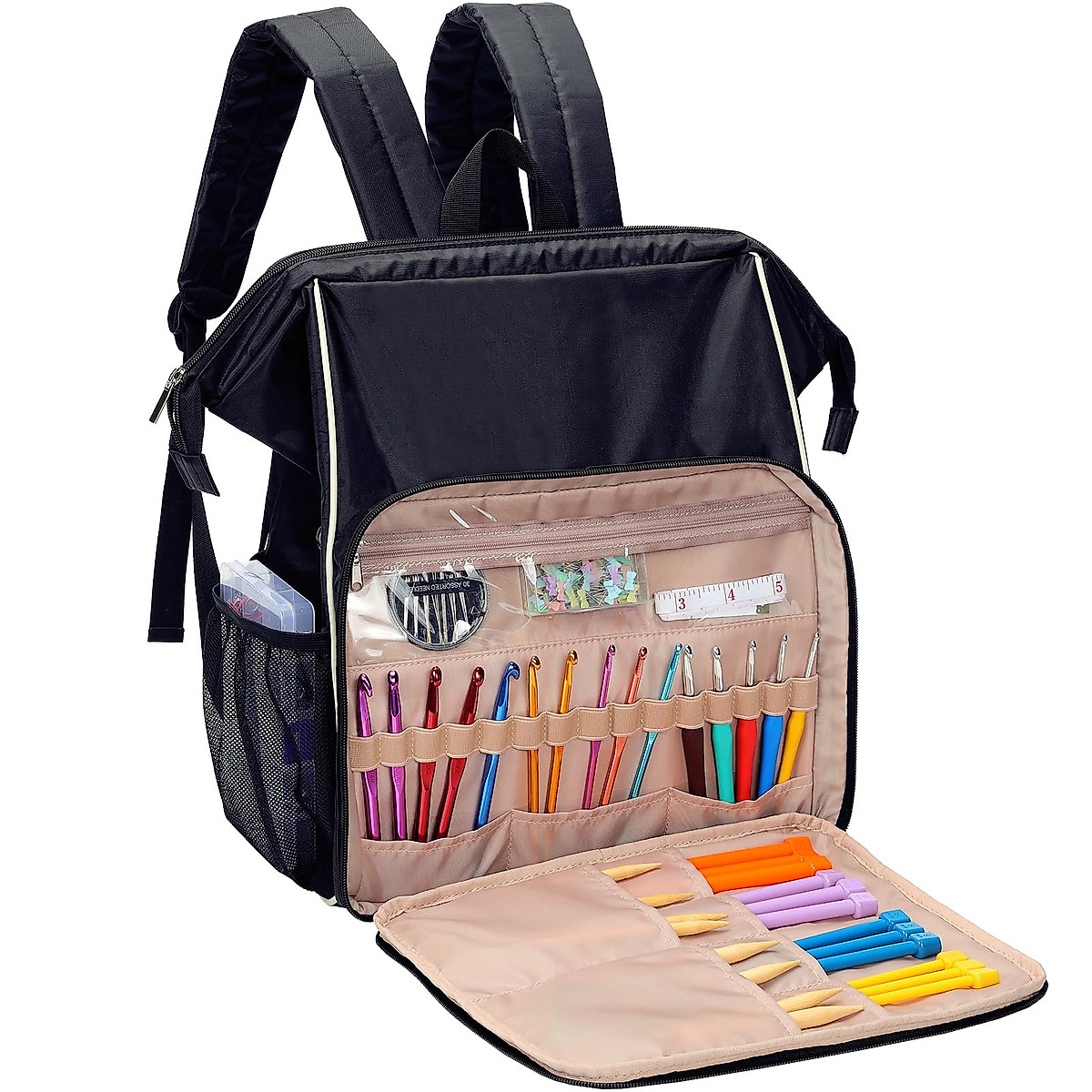 NICOGENA Knitting Bag, Crochet Bag with Custom Front Pocket, Large Yarn Storage Backpack for Crochet Accessories and Supplies, Black