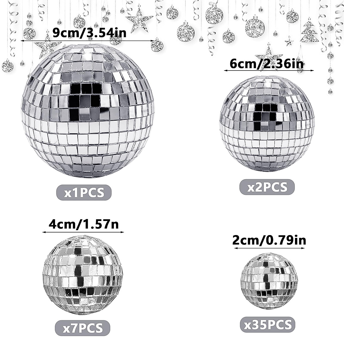 45 PCS 0.78Inch 1.57Inch 2.36Inch 3.54Inch Disco Ball Cake Decoration Ornaments Reflective Mirror Ball Cake Decoration 70s Disco Themed Party Decoration for Christmas Tree Dance Music