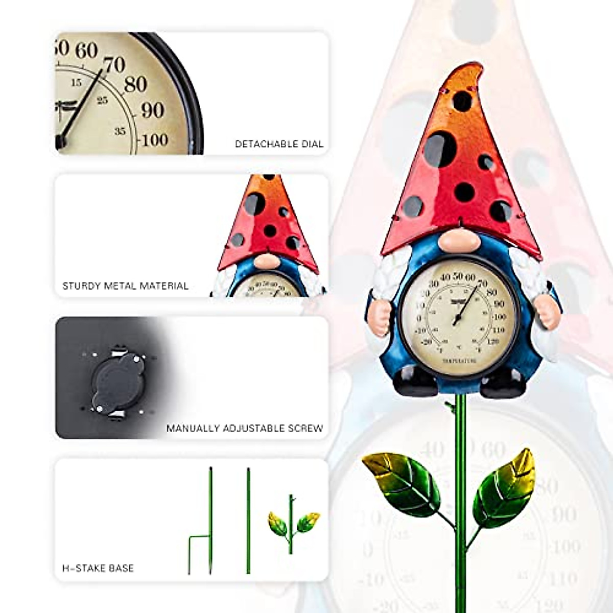 Elf Thermometer for Outside - 42 Inch Outdoor Metal Stake Decorative Thermometer and Hygrometer for Patio Lawn Garden