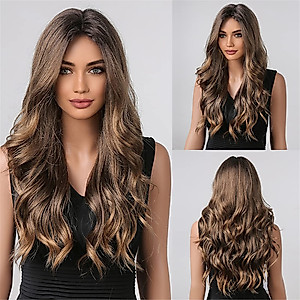 BERON Brown Wig Long Wavy Wig Brown Wigs for Women Long Curly Wig Brown with Dark Roots Synthetic Hair Wave Wigs with Dark Roots Wig Cap Include