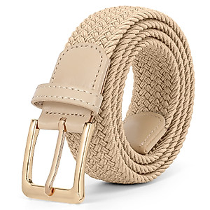 JASGOOD Women Braided Woven Elastic Stretch Belt Men Web Casual Belt for Pants Jeans(Beige,Gold Buckle,Fit Pant Size 26-31inch)