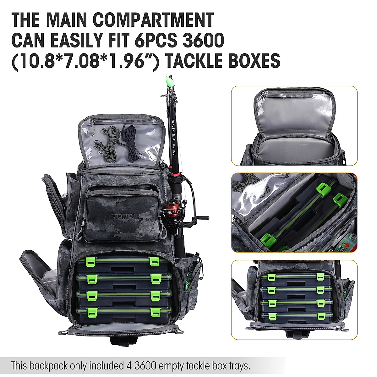 VISMIX Fishing Tackle Backpack with 4 Tackle Boxes Large Waterproof Tackle Bag Storage, Backpack for Trout Fishing Outdoor