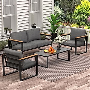 COMLAX FIELD Patio Furniture Set, 4 Pieces Outdoor Patio Furniture with Table Set, Metal Patio Conversation Sets with Washable and High-Resiliency Sponge Cushions, Grey