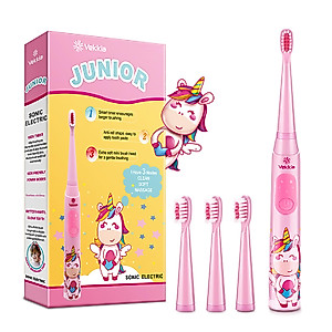Vekkia Sonic Rechargeable Kids Electric Toothbrush, 3 Modes with Memory, Fun & Easy Cleaning, 24000 Strokes, IPX7 Waterproof, 2-Min Timer for Age 5+, 4 Soft Bristles(Pink)