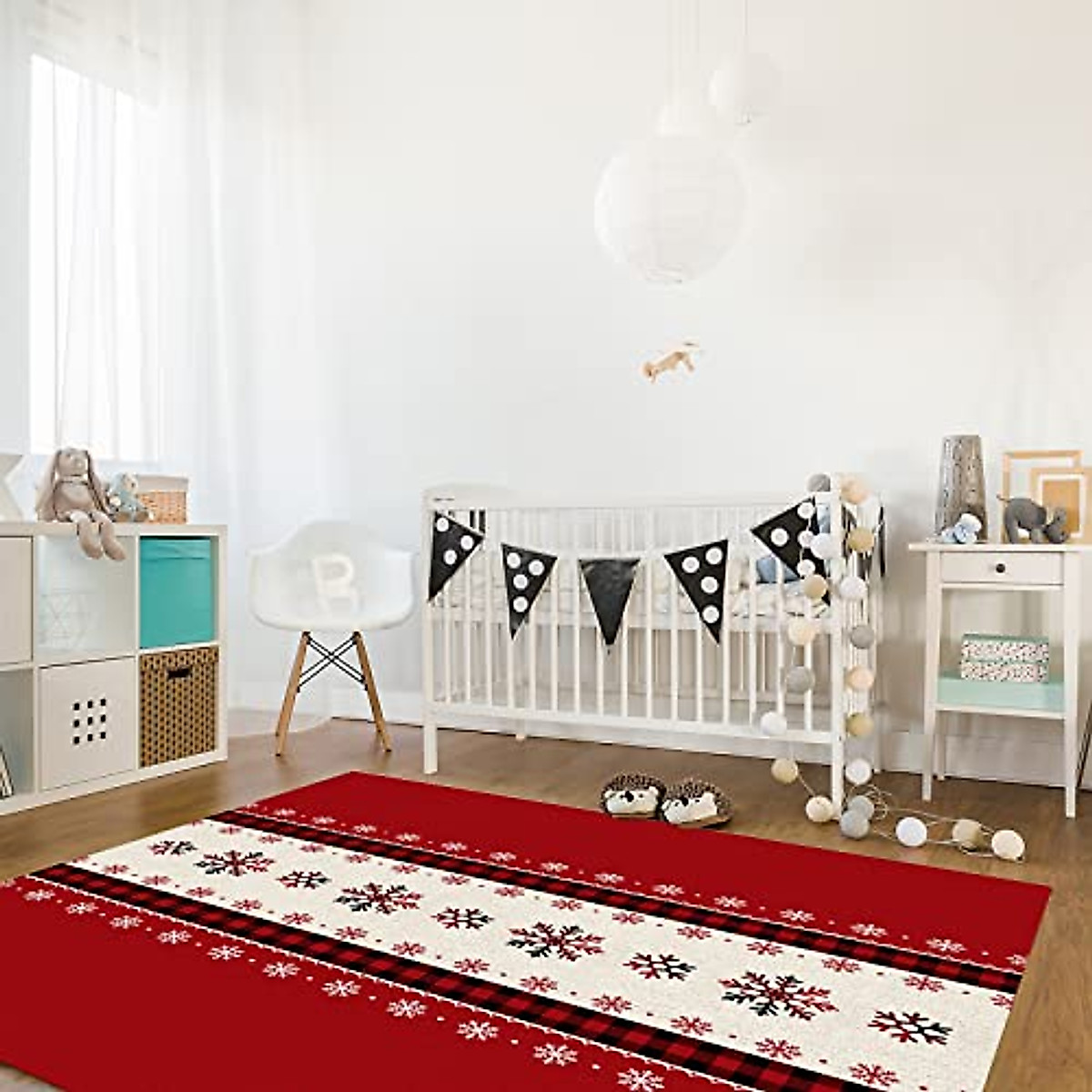 Area Rug Absorbent Non-Slip Rectangle Rug Christmas Snowflakes and Red Plaid Rugs for Living Room Bedroom Kitchen Entryway, Soft Floor Mat Indoor Carpet Accent Rugs 3x5 Feet