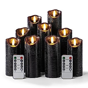 RY King Set of 9 Black Regular Textured Flameless Candles Battery Operated LED Real Wax Electric Candles with Remote Control Timer for Wedding Birthday Halloween Christmas Decorations