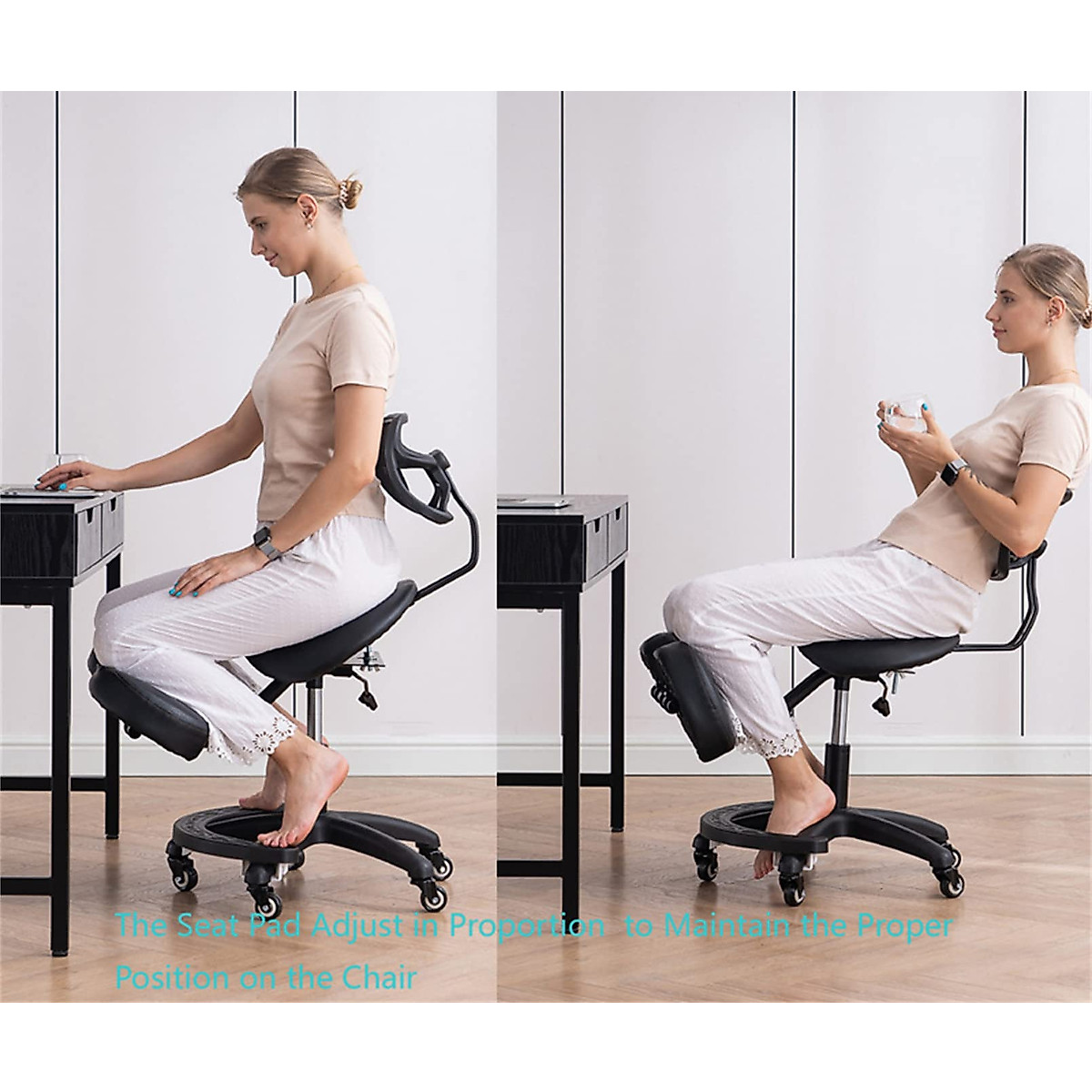 Ergonomic Kneeling Chair with Back Support, Wheels, Adjustable Saddle Chair for Home and Office with Angled Seat for Better Posture, Black