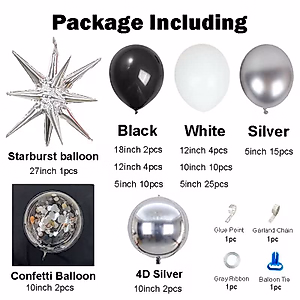 LyzzGlobo Starburst Black and White Balloon Garland Kit, Silver and Confetti Aluminum Film Balloons Arch Kit for Birthday Wedding Anniversary Party Supplies