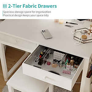 Lufeiya Small Makeup Vanity Desk with Fabric Drawers, 32 inch White Vanity Desks with Mirror and Light, Dressing Table and Chair Set with Power Outlet for Girls Bedroom, White