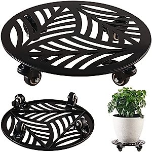 Large Metal Plant Caddy with Wheels 14 Inches Heavy-Duty Wroght Iron Rolling Plant Stand with Casters Indoor Outdoor Plant Pot Roller Base Plant Movers Plant Saucers Black, Strong Load Capacity