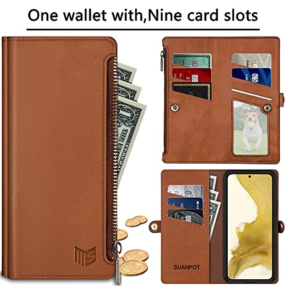 SUANPOT for iPhone 14 Pro Max Wallet case 【RFID Blocking】【9 Card Slot】【Pocket】,Credit Card Holder Flip Folio Book Zipper PU Leather Protective Cover Women Men for 14 ProMax Phone case Light Brown