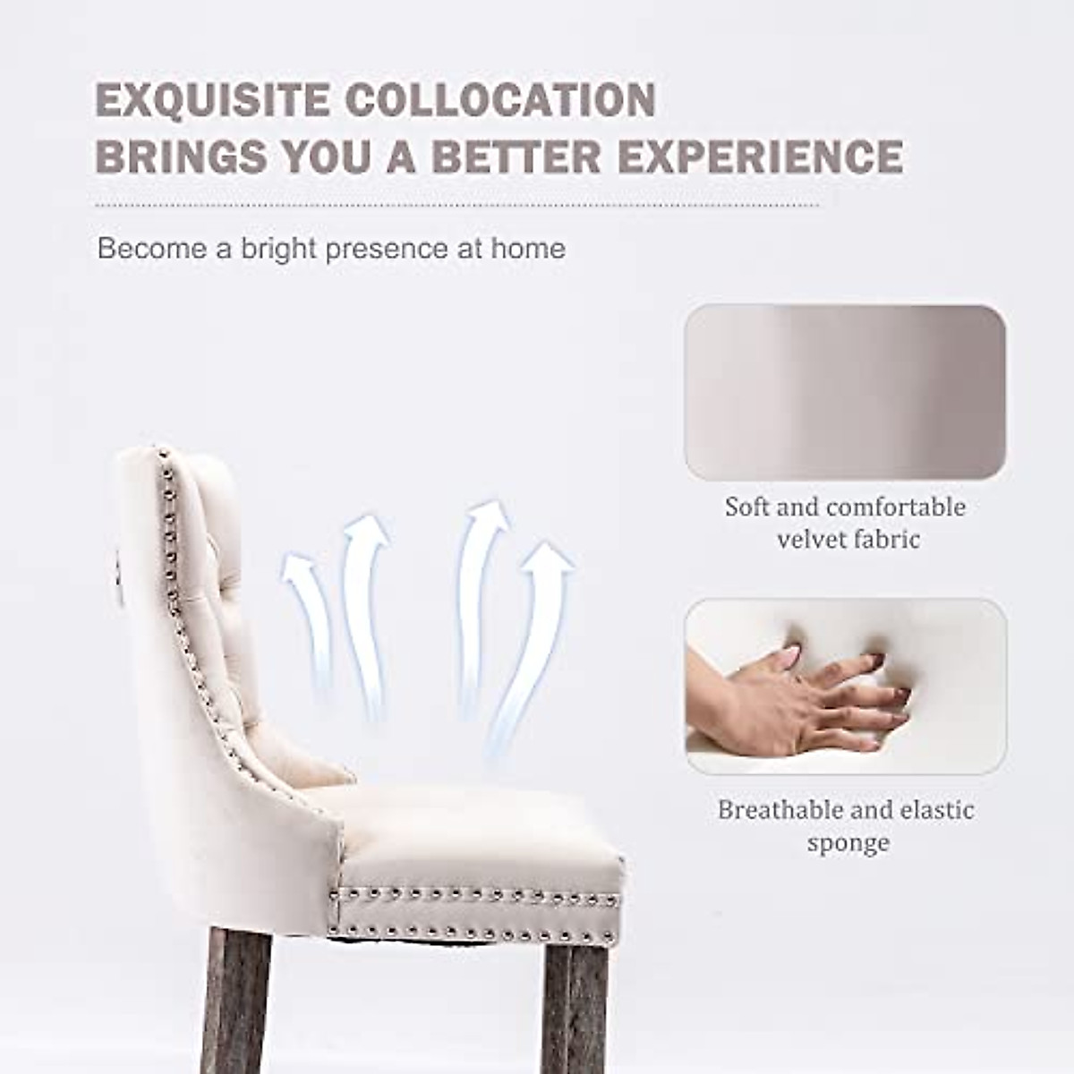 Kiztir Velvet Bar Stools Set of 2, 27" Counter Height Bar Chairs with Button Decor, Nailhead Trim, Solid Wooden Legs, Beige Modern Upholstered Bar Stools for Kitchen, Cafe, Pub