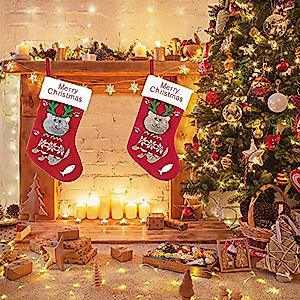 EPHVODI 2 Pack Large Christmas Stocking, 15" 3D Cat with Bell Christmas Cuff Stocking Fireplace Decorations for Family Holiday Season Party Decor