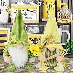 Attiigny Bumble Bee Gnome Plush, Set of 2 Honeybee Spring Summer Gnomes Holiday Ornaments, Scandinavian Tomte Elf World Bee Day Decor Gifts, Handmade Shelf Tiered Tray Decorations Bee Dolls for Home
