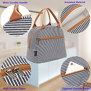 FlowFly Lunch Bag Tote Bag Lunch Organizer Lunch Holder Insulated Lunch Cooler Bag for Women/Men,White&Black Stripe
