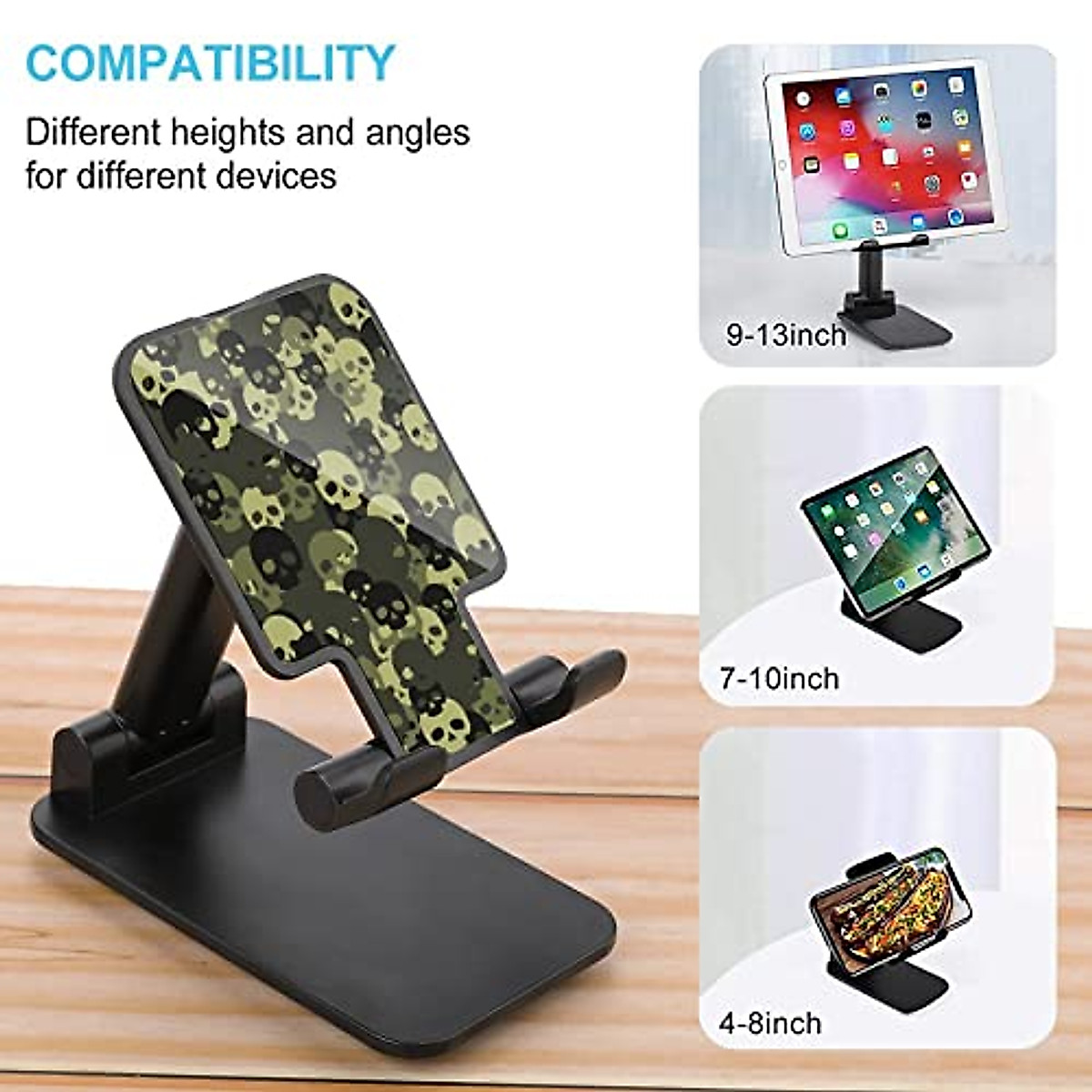 Green Camo Skull Cell Phone Stand Foldable Tablet Holder Adjustable Cradle Desktop Accessories for Desk