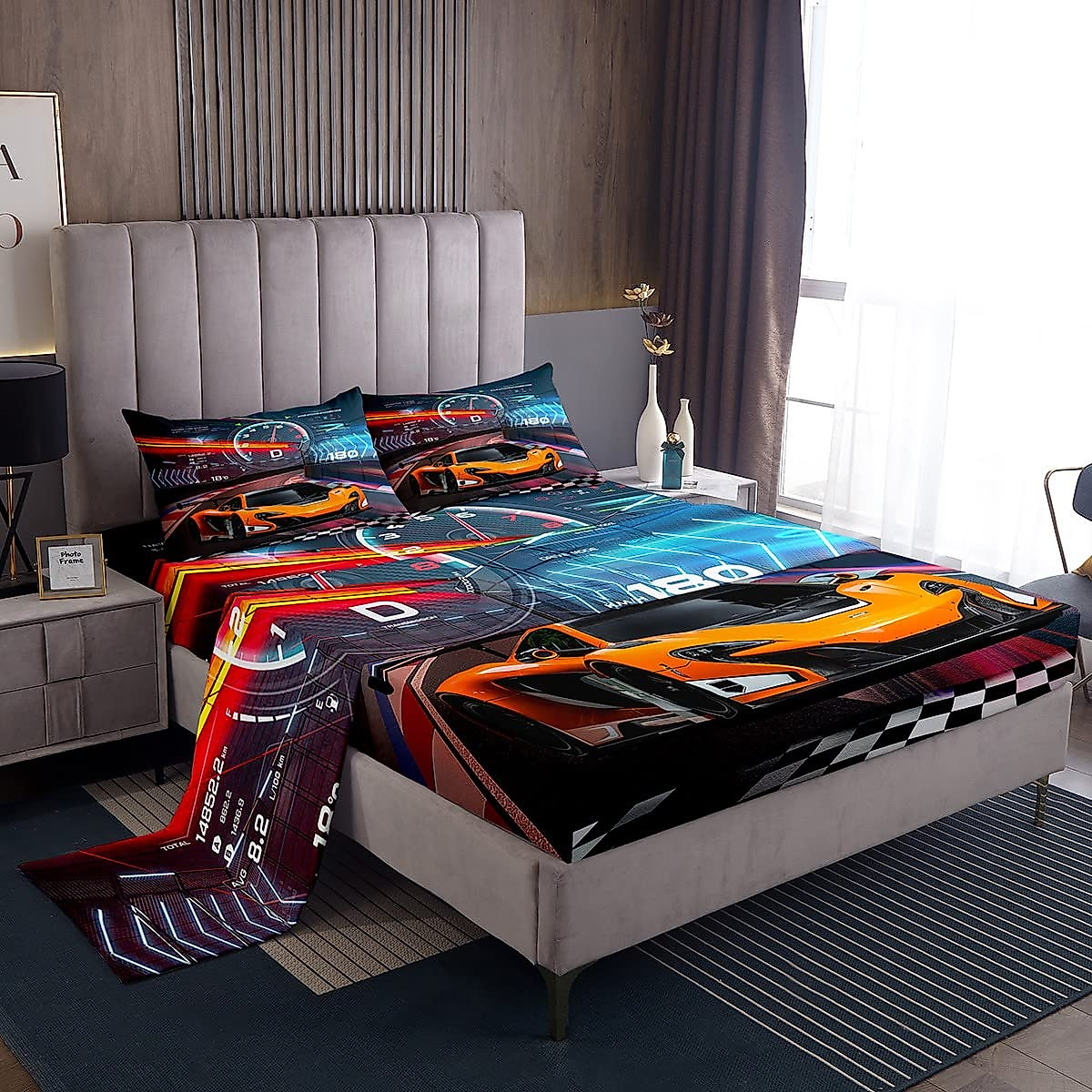 Feelyou Race Car Bedding Sheets Boys Extreme Sports Sheet Set for Kids Boys Cool Car Bedding Fitted Sheet Car Sports Bed Sheets 1 Sheet Set with 2 Pillowcases Full Size