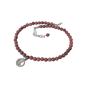 Peace charm anklet, dusty pink rhodonite stones sterling silver, adjustable length 9-10 inches, handmade by Let Loose Jewelry