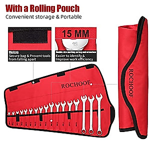 ROCHOOF Combination Wrench Set,33-Piece Chrome Vanadium Steel Wrench Set 12-Point SAE & Metric Wrenches 1/4"-1" and 6-22mm with Rolling Pouch
