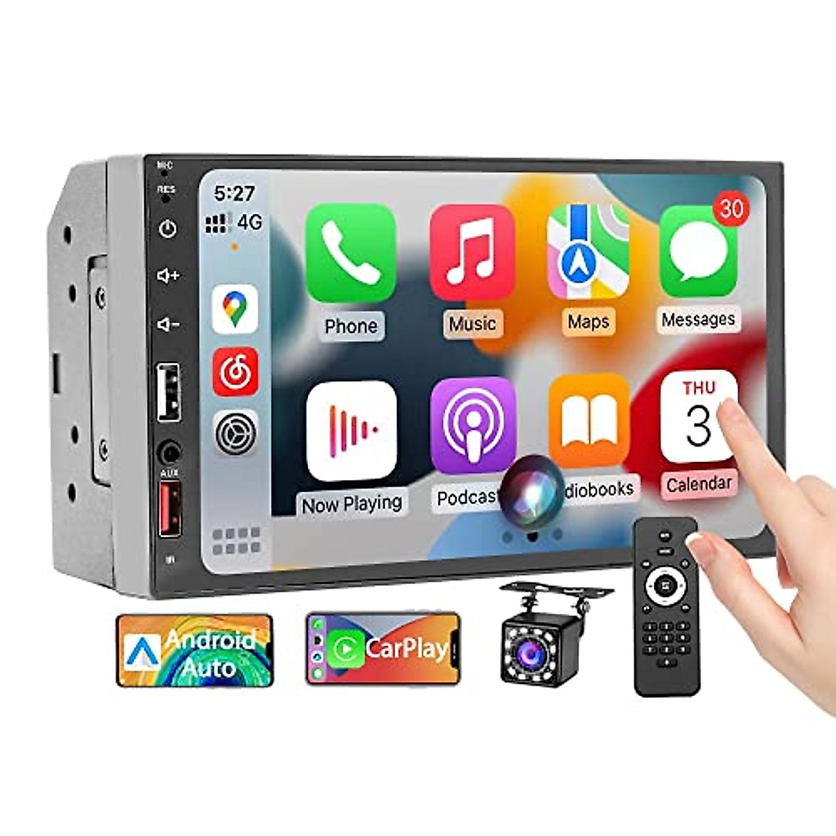 Double Din Car Stereo with Apple CarPlay/Android Auto/Mirror-Link, 7 Inch Touchscreen Radio Receiver with Bluetooth 5.1 Handsfree and Backup Camera, FM USB AUX RCA Audio Video Player