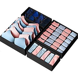 Criusia 4 Pack Sock Underwear Organizer Dividers, 44 Cell Drawer Organizers for Clothing, Foldable Closet Organizers and Storage for Bras, Socks, Underwear, Ties (Black)