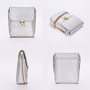 GAYI URBAN Glitter Cell Phone Crossbody Bags for Women, Sparkle Wallet Phone Purses with Chain, Small Ladies Clutch Purses (Silver)