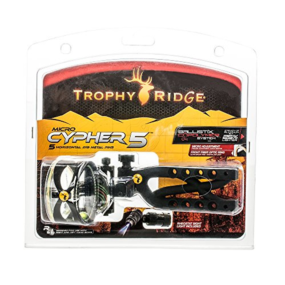 Trophy Ridge Cypher Archery Bow Sight - .019 Fiber Optic 5 Pin Sight, Tool Less Windage and Elevation Adjustability, Adjustable Rheostat Light, Ambidextrous