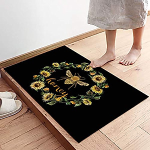 Queen Area 2 Pieces Kitchen Rugs and Mats Set Sunflower Garland Honey Bee Design on Black Background Non-Slip Kitchen Mats and Rugs for Kitchen, Floor Home, Office, Sink, Laundry