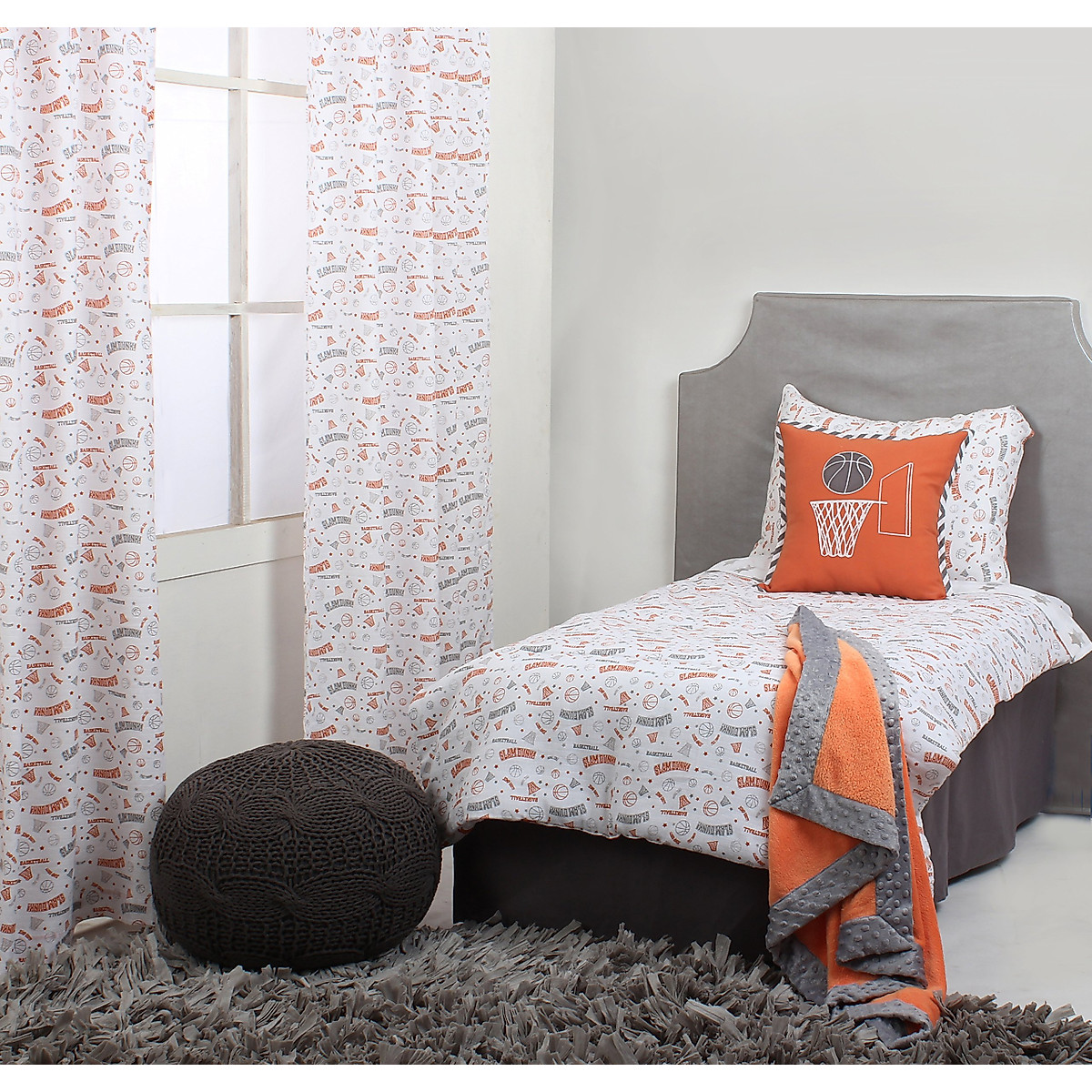 Bacati - Muslin 4 Piece Boys Toddler Bedding Set 100 Percent Cotton Includes Reversible Comforter, Fitted Sheet, Flat Sheet, and Pillow Case (Basketball Orange/Grey)