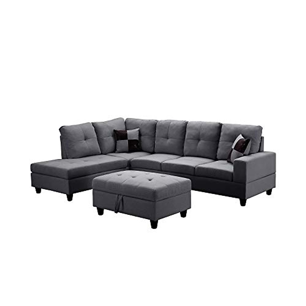 OPTOUGH Fabric Sectional Sofa Living Room Furniture Set, L-Shape Couch with Left Chaise, Storage Ottoman, and 2 Pillows,Gray