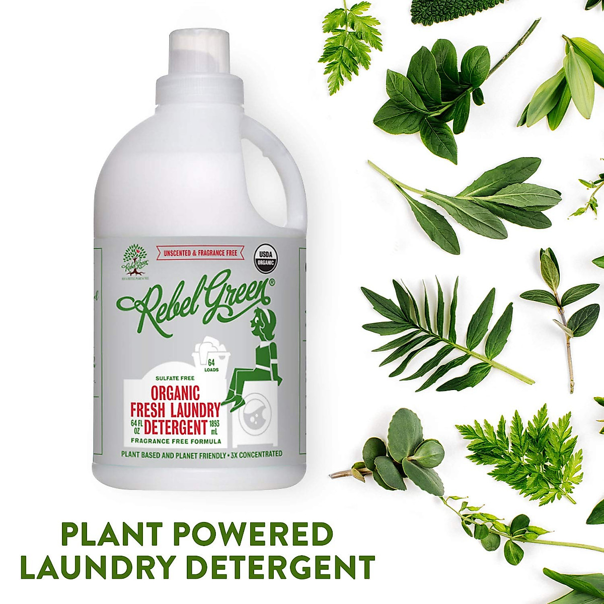 Rebel Green Laundry Detergent, Organic and Sulfate Free Hypoallergenic Laundry Soap, Unscented, 64 Load Bottle